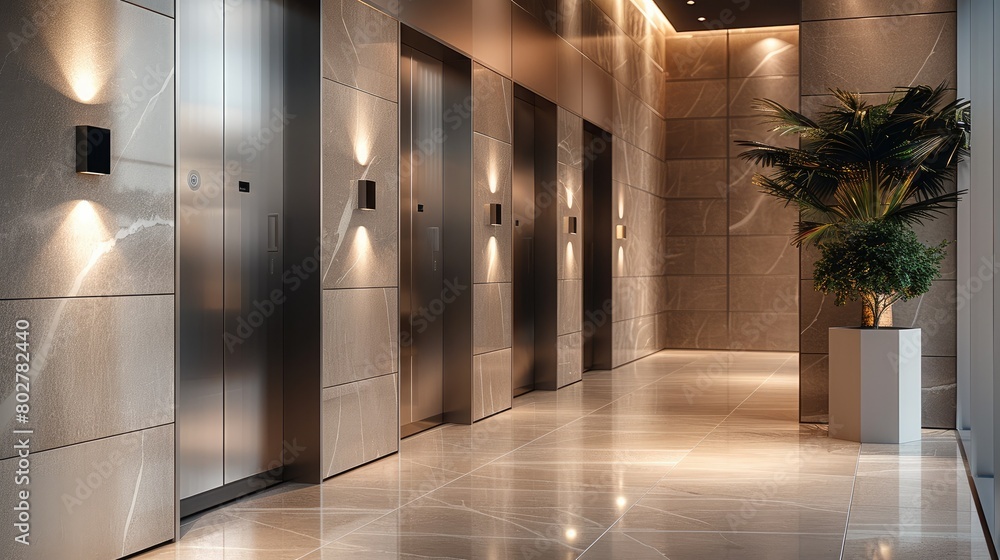 Modern elevator lobby with 3 elevators, residential complex, light ...