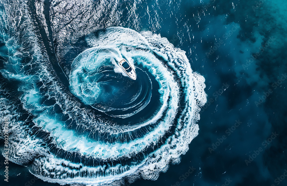 Aerial view of a speedboat creating a circular wave in the blue sea ...
