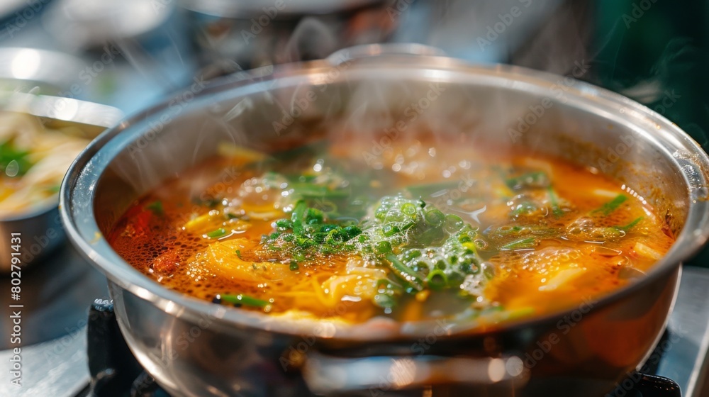 ภาพประกอบสต็อก Close-up of a bubbling pot of Tom Yum Goong soup simmering on a stovetop, filling ...
