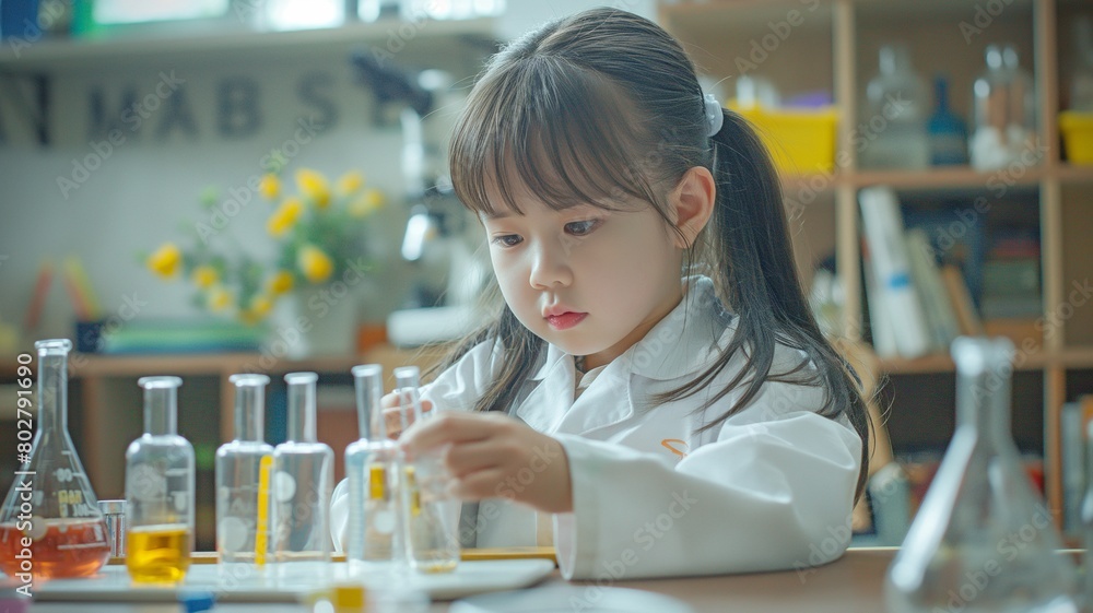 Asian elementary school pupils in lab coats conducting science ...