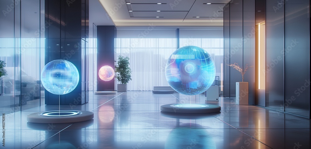 A sleek, minimalist tech incubator space where floating holographic projections display ...