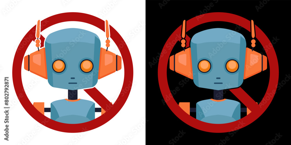 Set of vector cartoon robots in prohibition sign an white and black ...