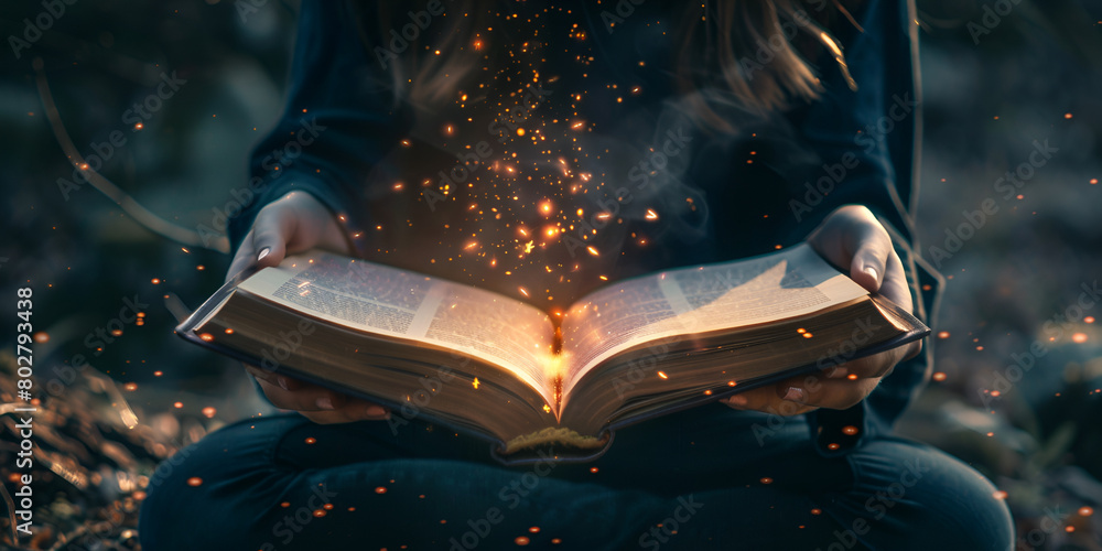 magic book with knowledge light, magical swirls and power, very old ...