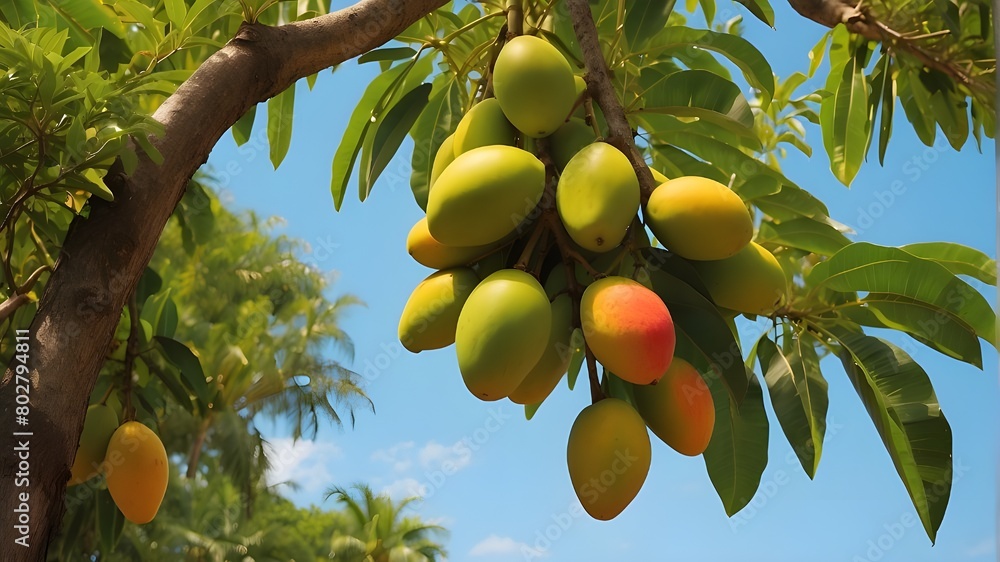 Mango on Tree: In a tropical orchard, a majestic mango tree rises ...