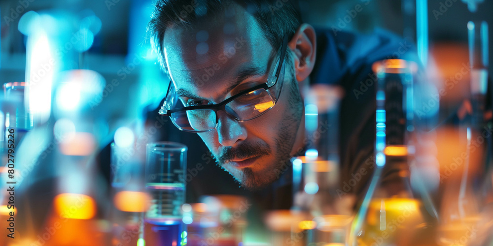 A scientist engrossed in an experiment, surrounded by beakers and test ...