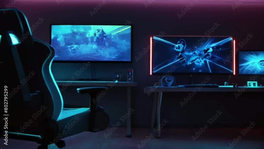 Vidéo Stock Modern Gaming Room with Desk, LED Lights, and Multiple ...