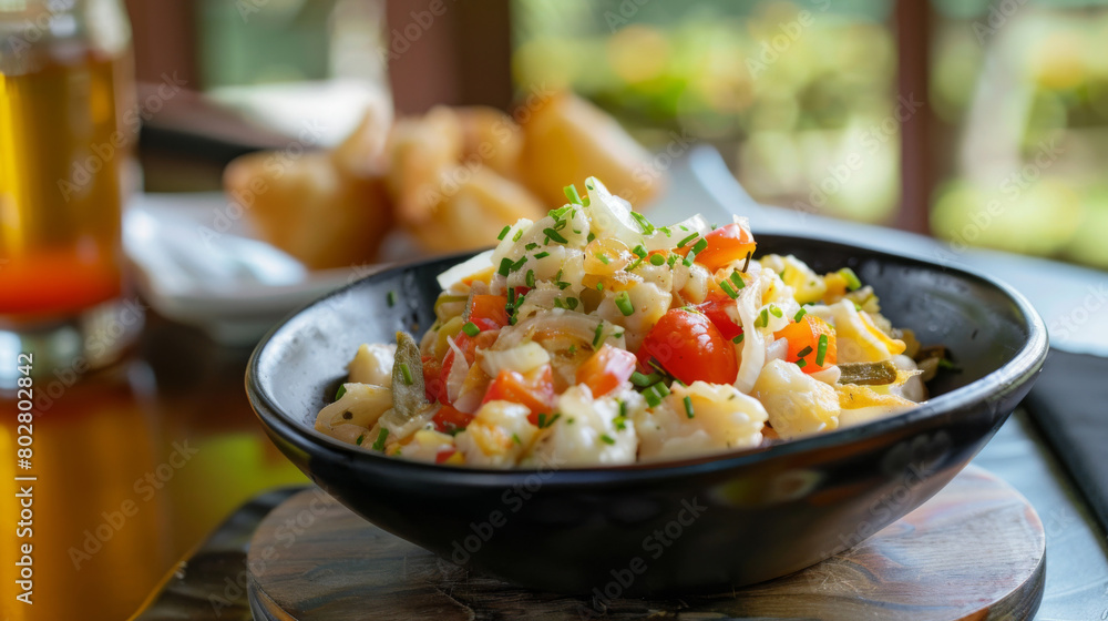 Authentic jamaican ackee and saltfish served in a black bowl, garnished ...