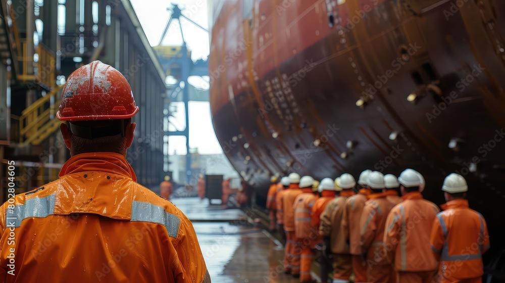 An atmospheric photo of workers conducting a safety briefing before ...