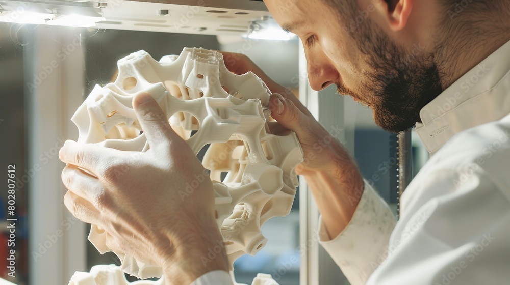Engineer examining a 3D printed part, close-up, detailed texture and ...