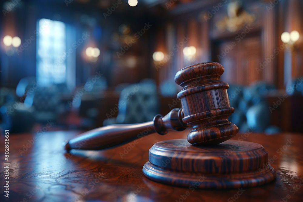 Judge's gavel in courtroom. Close-up photo. Seats are visible on the ...