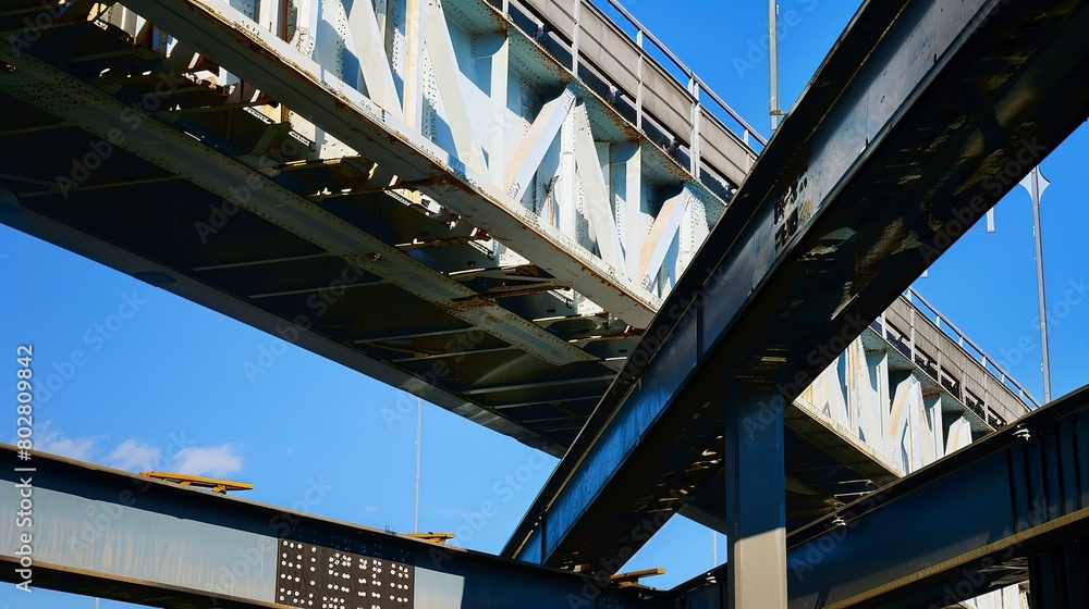 Construction of a highway overpass, close-up on structural steel ...