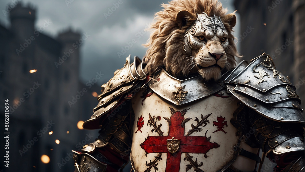 a muscular anthropomorphic lion wearing medieval plate armor and a red ...