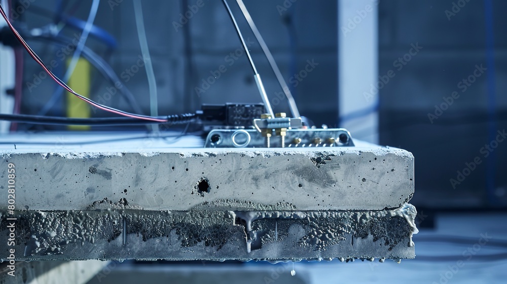 Structural testing of a concrete slab, close-up, sensors and data ...