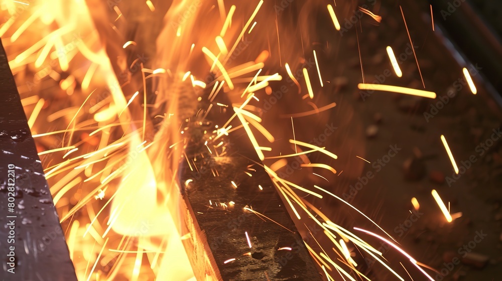Cutting torch slicing through steel beams, close-up, detailed sparks ...