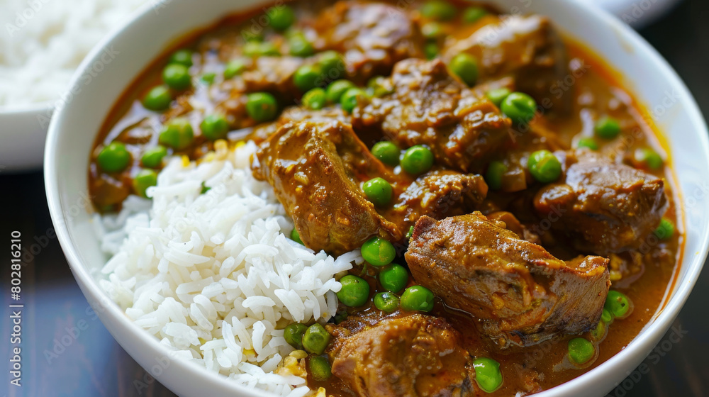 Traditional jamaican curry goat stew served with fluffy white rice and ...