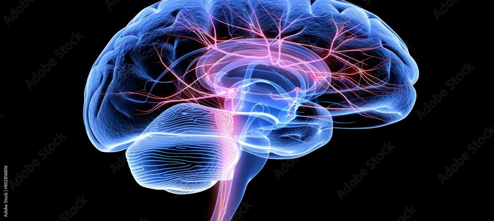 Enhanced brain x ray illustration revealing neural pathways for ...