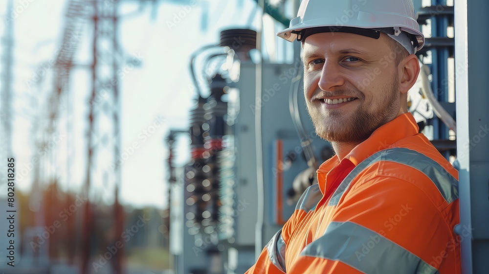 Professional inspection: Male electrician smiles as he conducts a ...