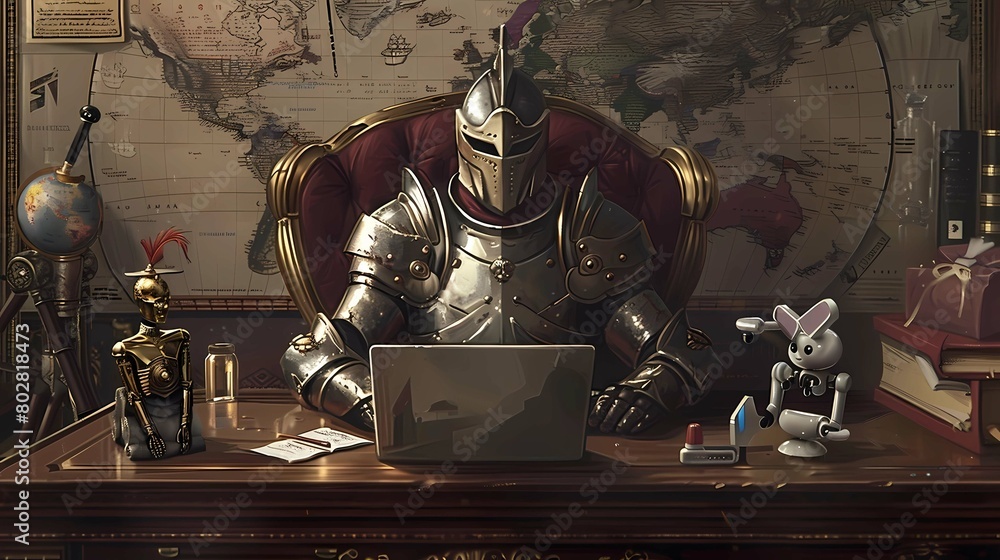 Medieval armor with a laptop on a desk in an ancient castle, Generative ...