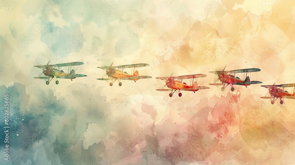 Charming watercolor scene with a series of small, colorful biplanes ...