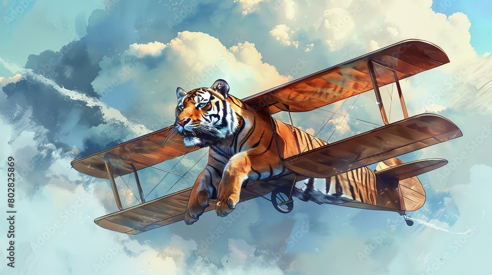 Charming watercolor illustration of a tiger in an old-style biplane ...