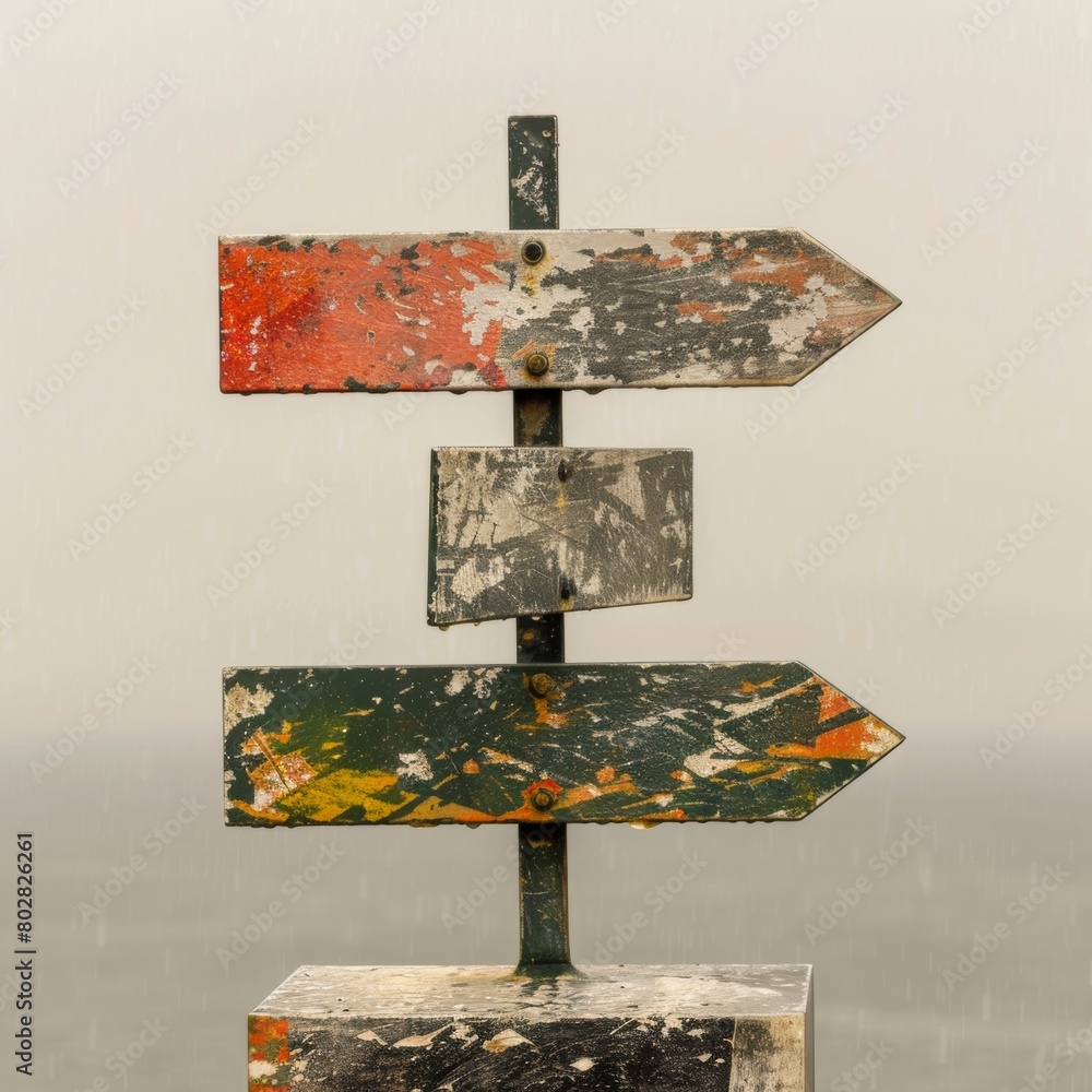 Weather-beaten directional signs in a foggy setting, evoking a sense of ...