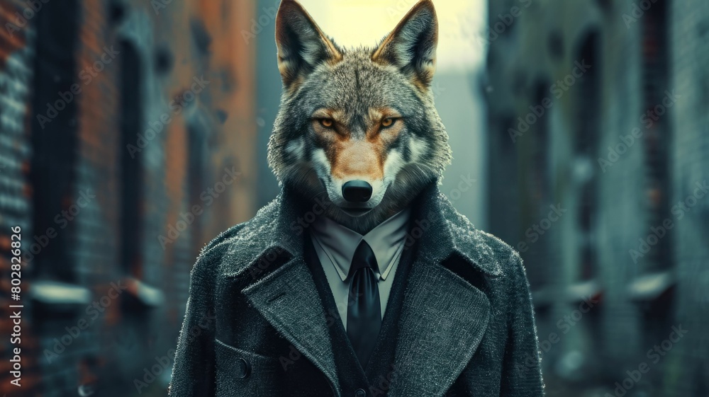 Sophisticated wolf prowls urban streets in tailored splendor ...
