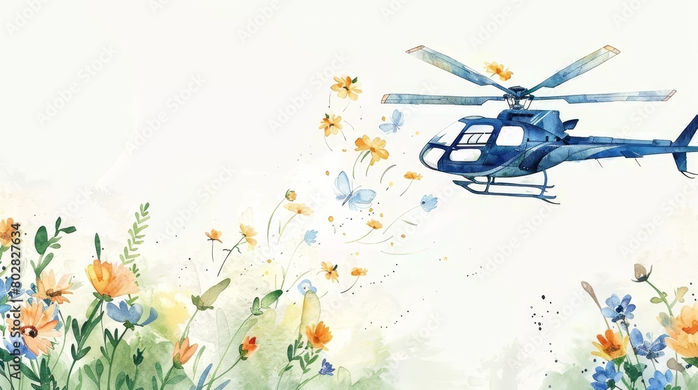 Playful watercolor illustration of a helicopter dropping flowers from ...