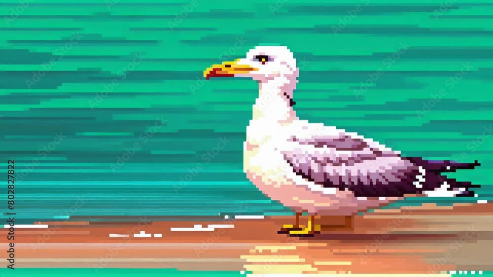4K animation of seagull standing at water’s edge, pixel art style ...