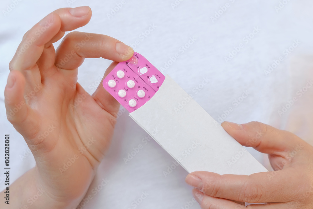 Pink Color Blister in Female Hands. Pack Emergency Contraceptive Pill ...