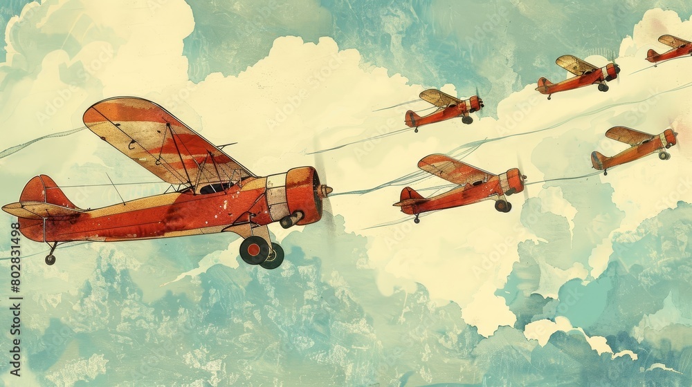 Watercolor scene of multiple vintage planes from the 1920s and 1930s ...