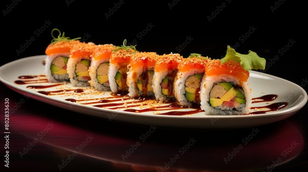 japanese sushi food. Maki and rolls with prickly pear, salmon, shrimp ...