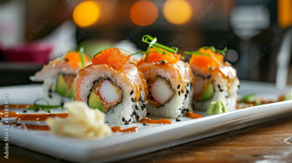 japanese sushi food. Maki and rolls with prickly pear, salmon, shrimp ...
