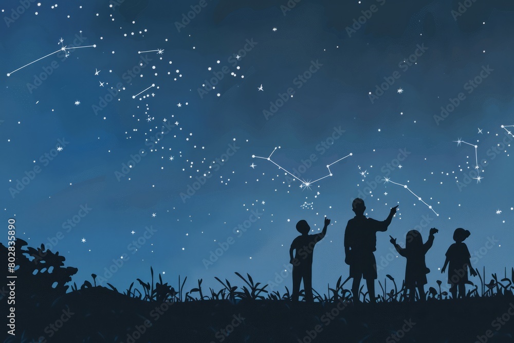 Cartoon cute doodles of a family silhouette stargazing on a clear night ...