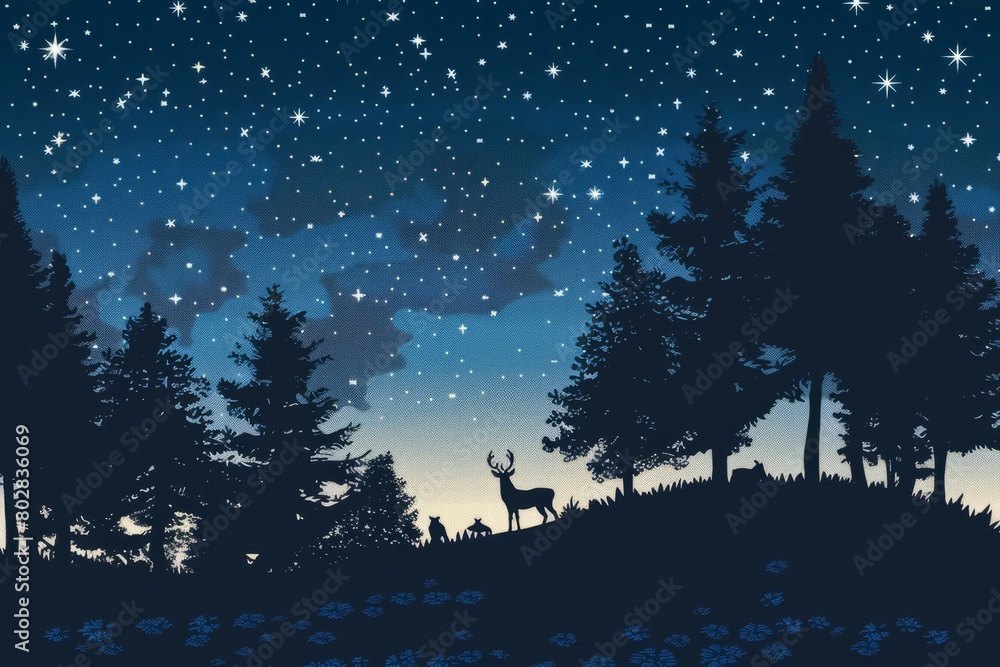 Cartoon cute doodles of a forest silhouette under a starry night sky ...