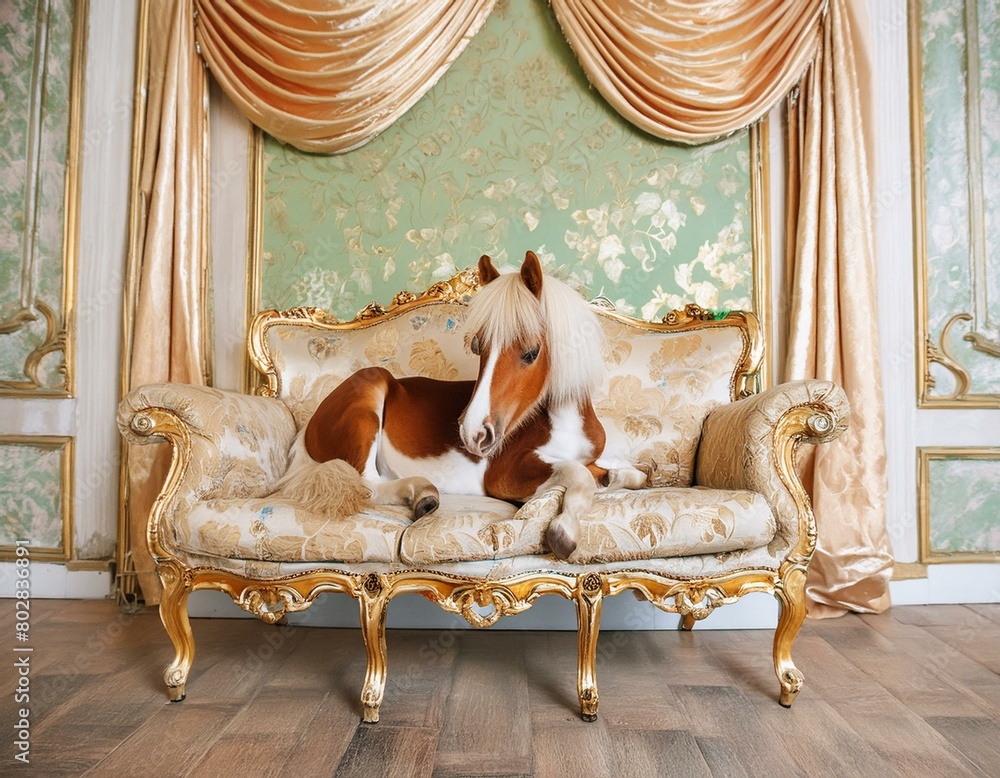 petit cheval nain couché sur un canapé dans un salon ancien et cosy en ...