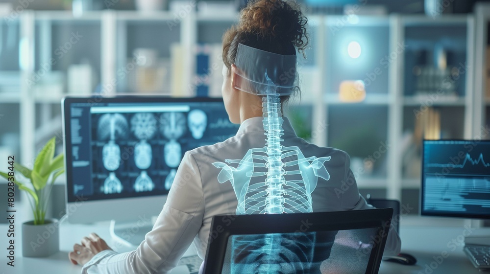 Ergonomic concept, woman working with x-ray image of her spine on ...