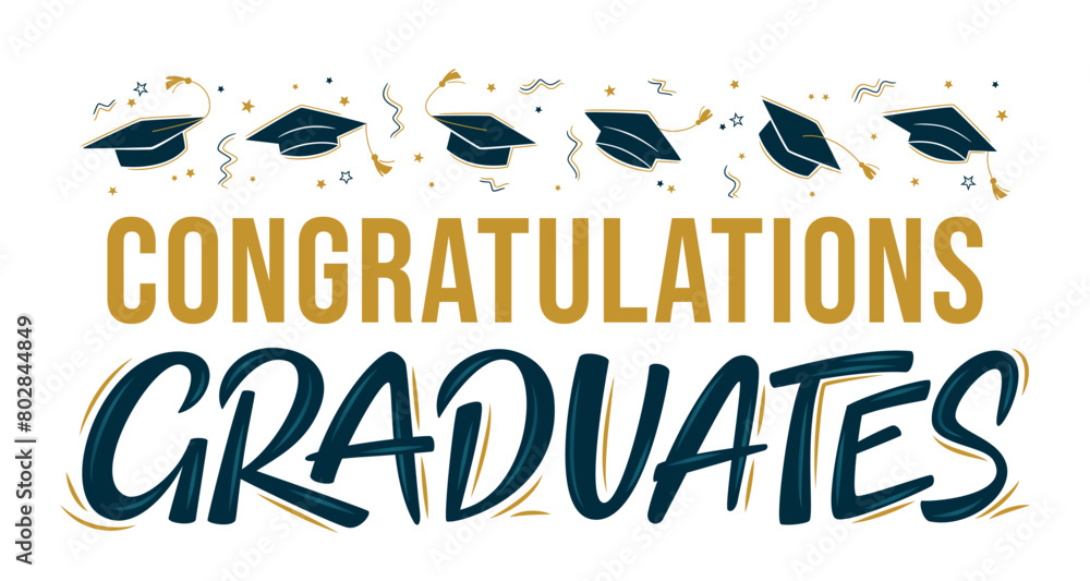 Congratulations Graduates. Greeting lettering sign with flying academic ...