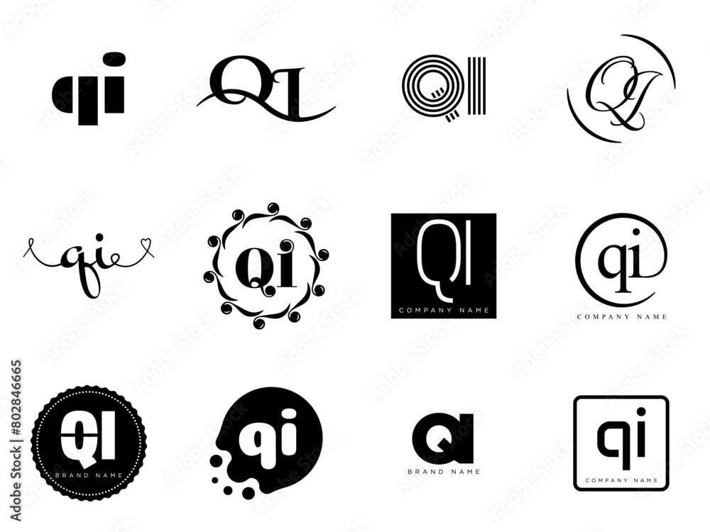 QI logo company template. Letter q and i logotype. Set different ...
