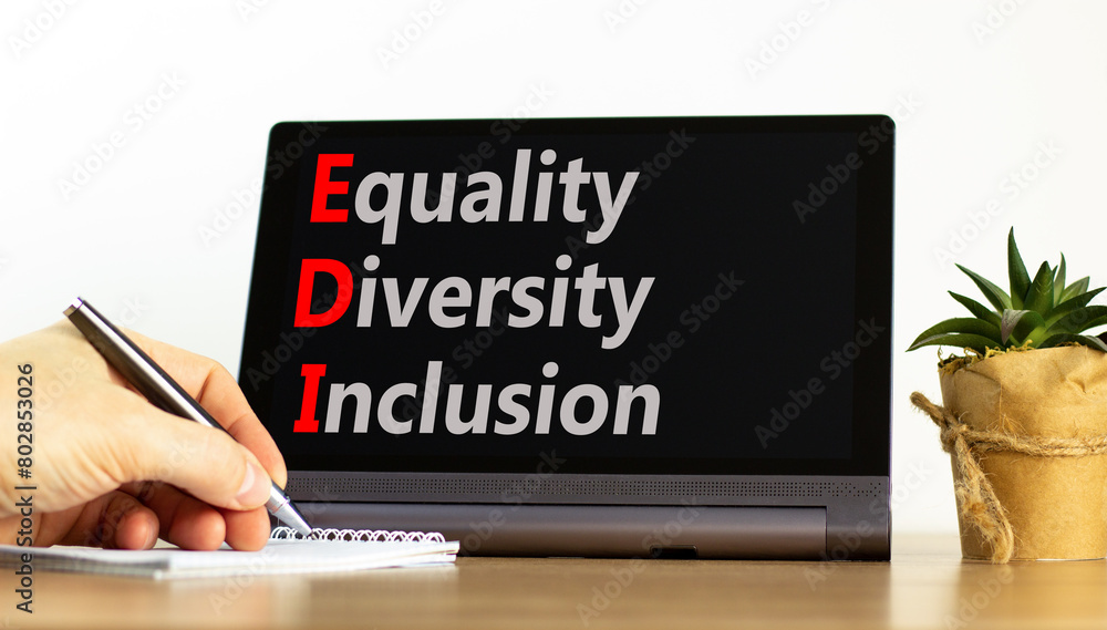 EDI equality diversity inclusion symbol. Concept words EDI equality diversity inclusion on black ...