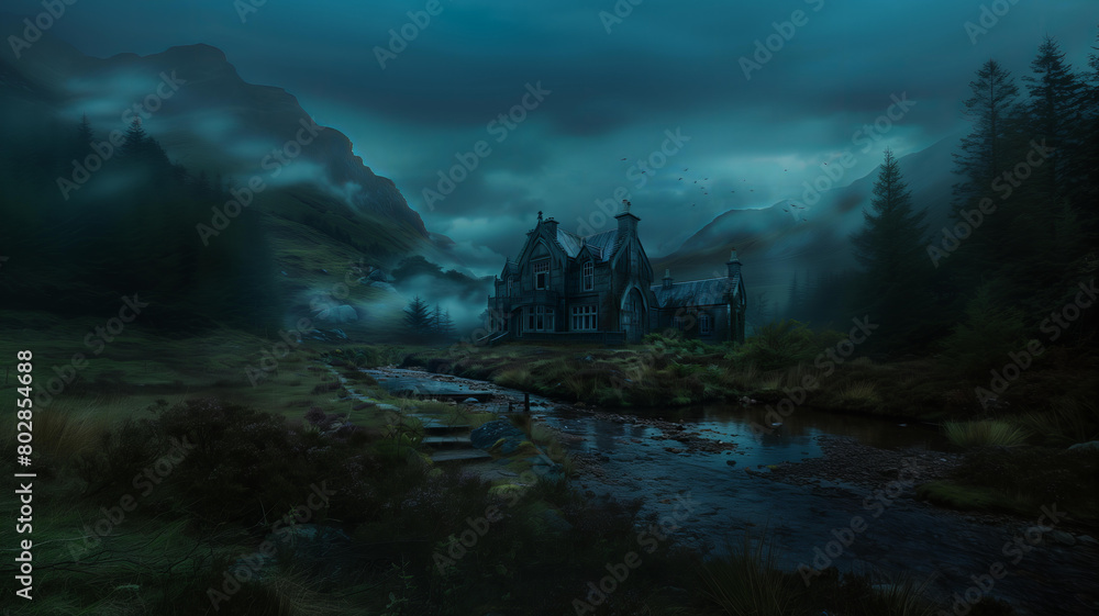 dark Victorian mansion on the Scottish highlands, a small stream runs ...