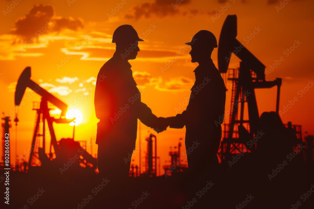 Silhouettes of two workers shaking hands in front of oil pump racks at ...