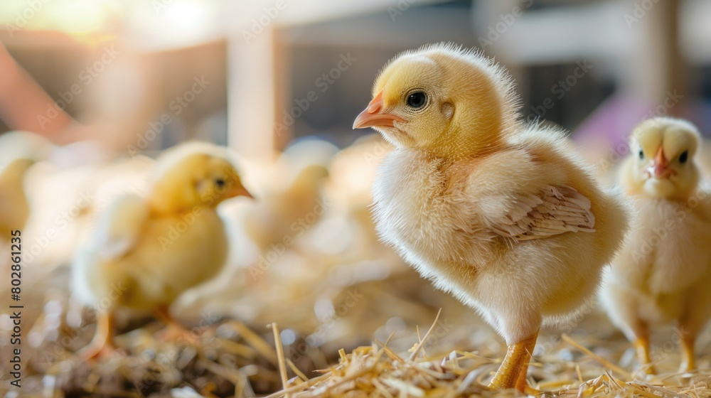 Yellow baby chickens were grounding in the farm to started feeding in ...