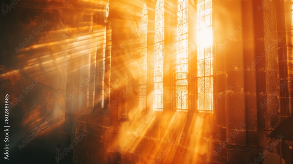 Sunlight shining through the window, a closeup view of large church ...