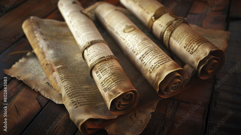 Old, mysterious scrolls in a retro setting, an ancient Bible revealing ...