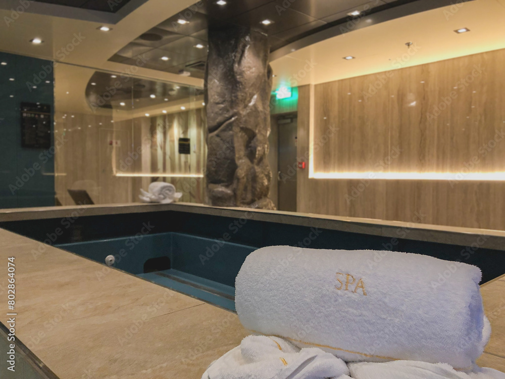Indoor swimmingpool with hot tub whirlpool inside thermal suite in spa ...