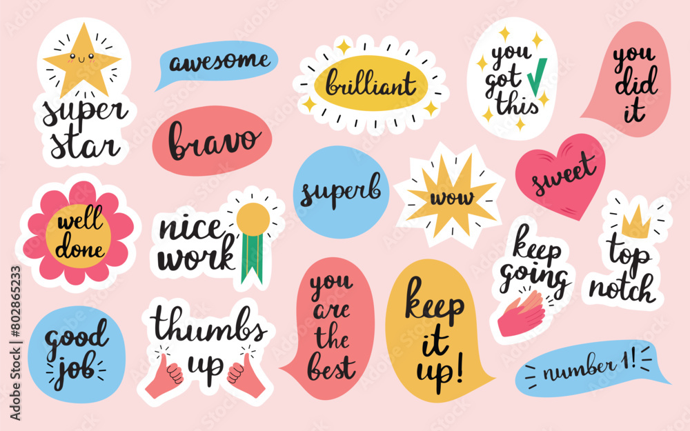 Big set with 18 cute appreciation phrases, encouraging stickers or ...