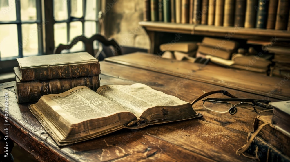 Ancient retro scribes desk with a mysterious Bible translating Old ...