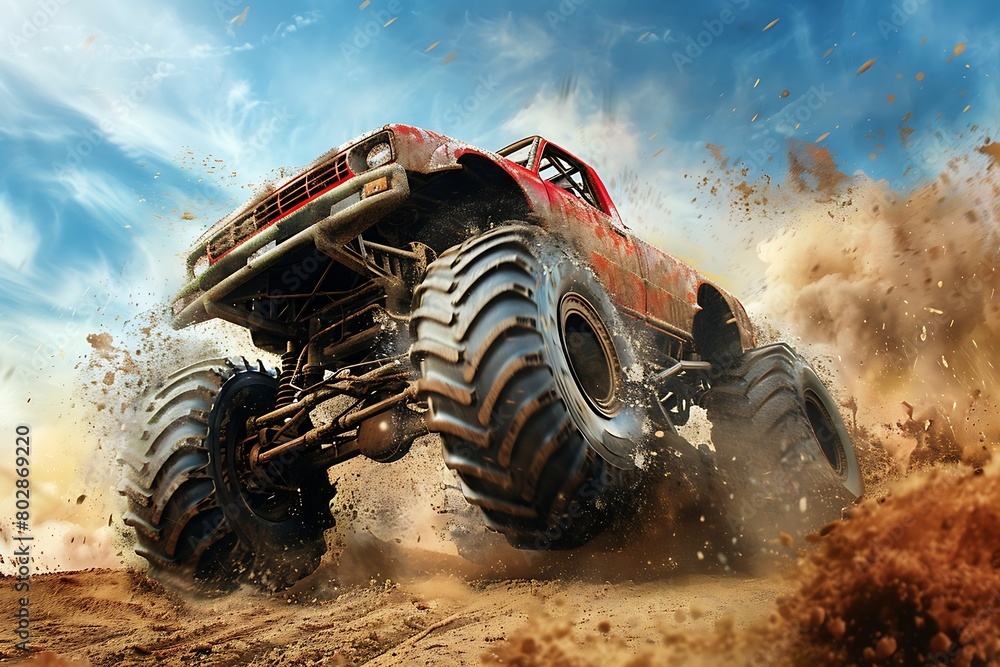 Foto de An off-road monster truck kicks up dirt as it conquers rugged ...