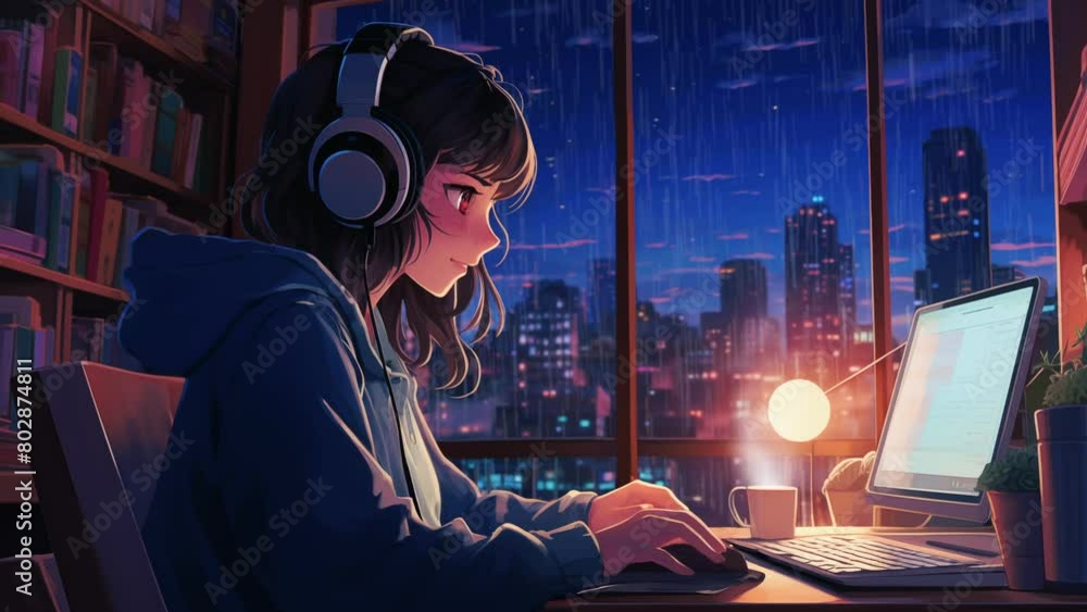 Anime girl working on computer while listening to music with rainy city ...