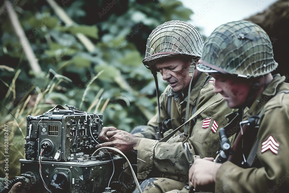 US soldiers of a shore fire control group operating Signal Corps radios ...